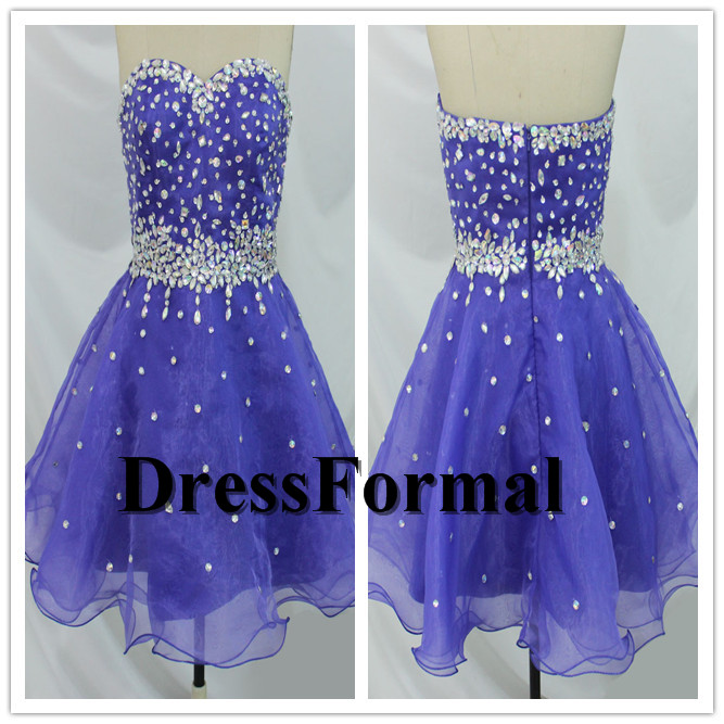 Purple Short Rhinestone Beaded Strapless Tulle Party Prom Dress, Short ...